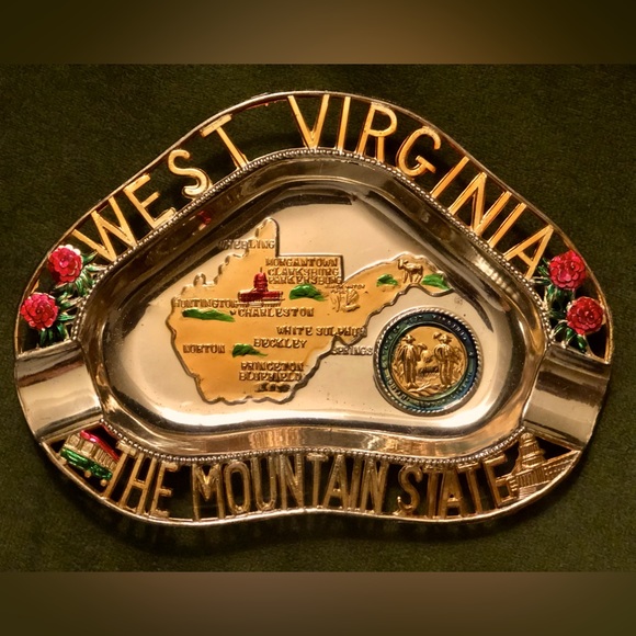None | Accents | West Virginia Vintage Ashtray Hand Painted Tin Metal State Souvenir Japan 95s ...